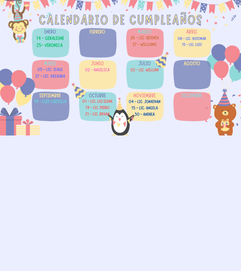 Calendario de Cumpleaños Infantil Ilustrado Globos Lila y Verde | PDF