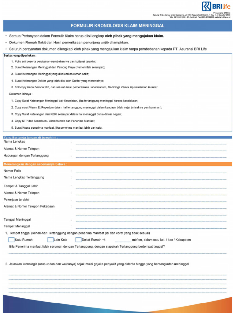 Form Kronologis Klaim Meninggal Dunia | PDF