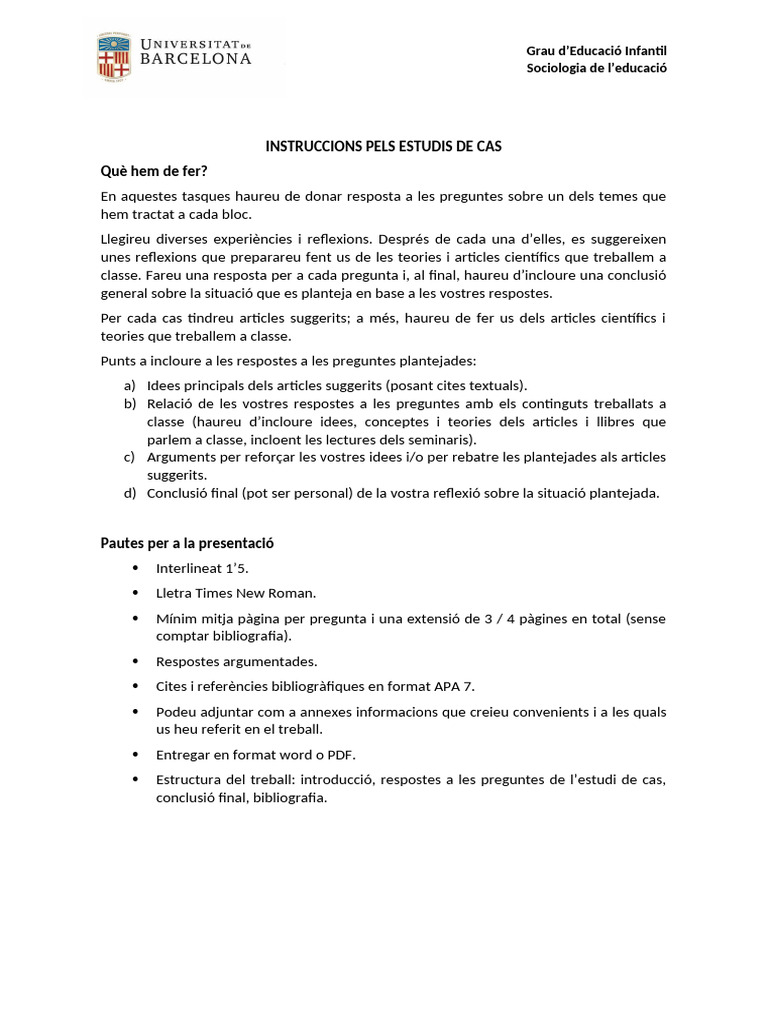 Instruccions Estudis de Cas | PDF