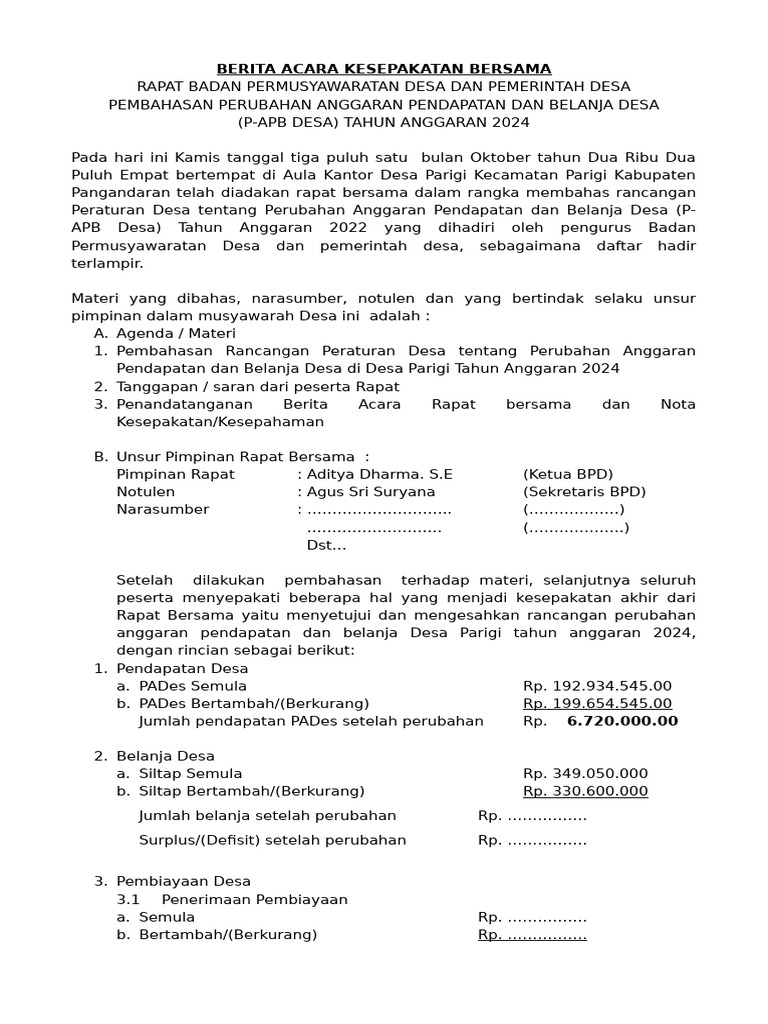 Berita Acara Perubahan Apbdes | PDF