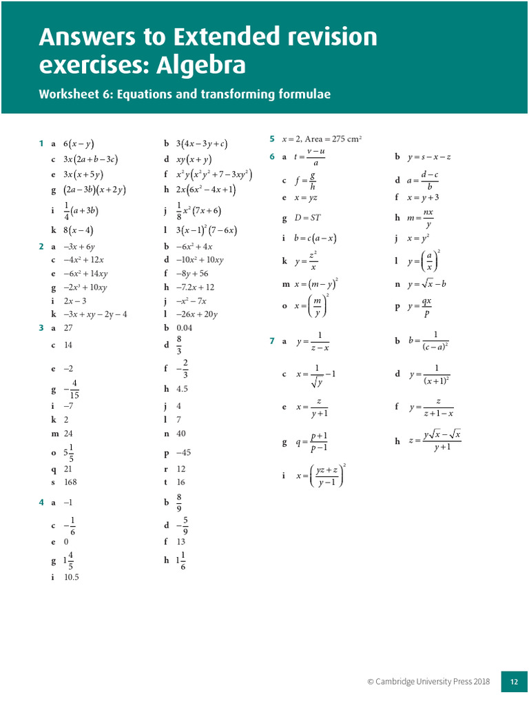 Algebra 2 Equations and Transforming Formulae Ans | PDF | Algebra ...