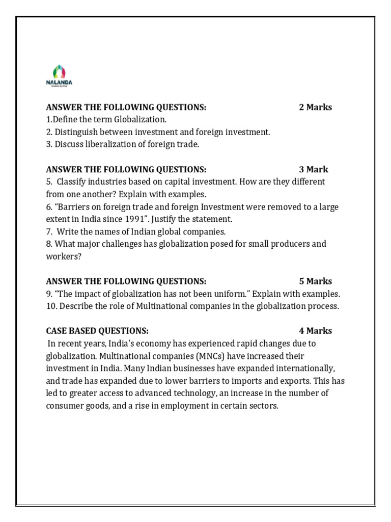 Globalization in Indian Economy Test Worksheet | PDF
