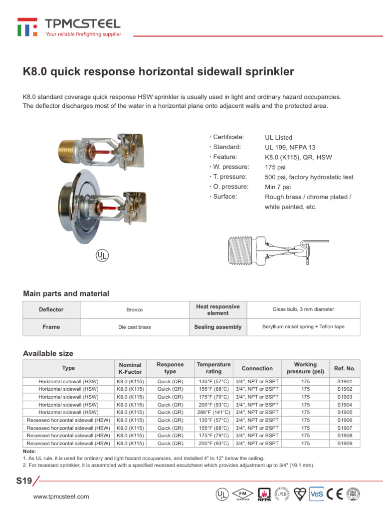 K8.0 Quick Response Sidewall Sprinkler | PDF | Building Engineering | Mechanical Engineering