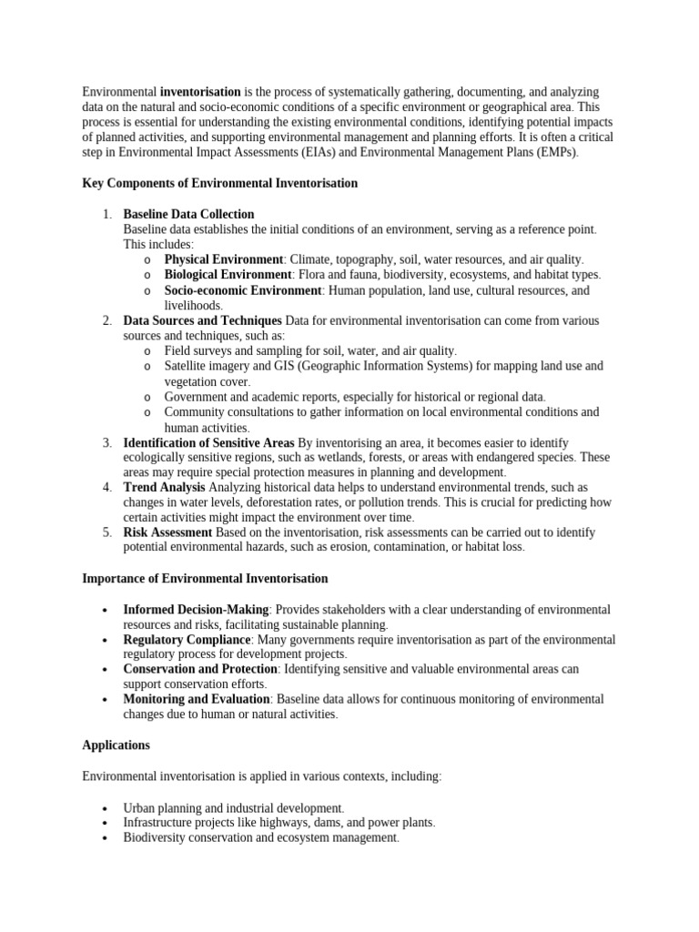 Environmental Inventorisation Is The Process of Systematically ...