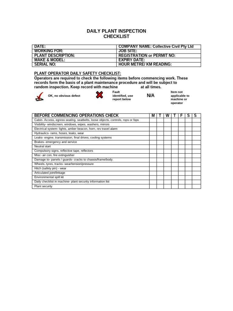 Daily Plant Inspection Checklist | PDF | Vehicles | Vehicle Technology