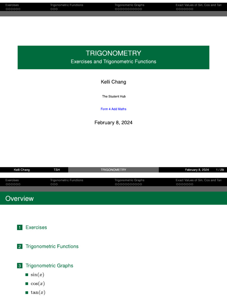 29 Trigonometry II (Exercises, Trig Functions and Graphs, Complementary Angles) | PDF