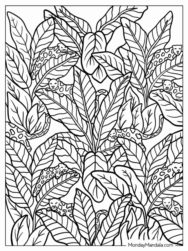 Tiny Tiger On Leaves Pattern Coloring Page | PDF