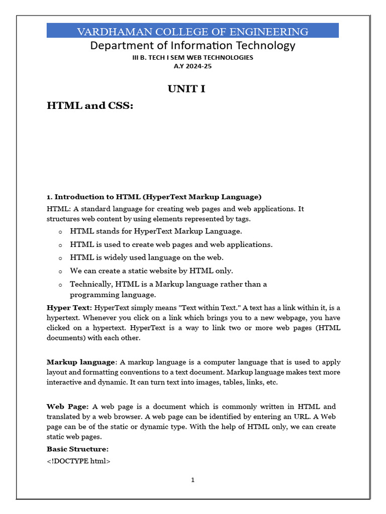 Unit I | PDF | Html Element | Html