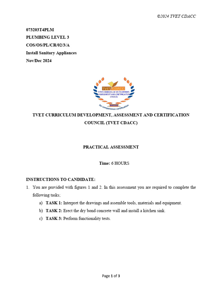 Candidate Practical Install Sanitary Appliances Level 3 | PDF | Pipe ...