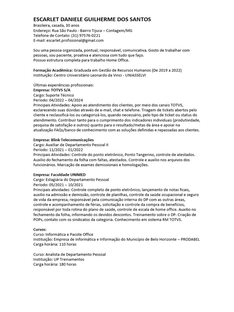 Currículo de Escarlet Daniele Santos | PDF | Gestão de recursos humanos ...