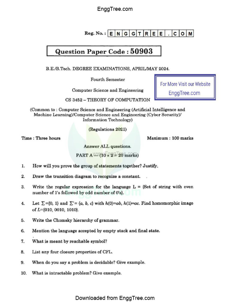 CS3452 Theory of Computation Apr May 2024 Question Paper Download | PDF