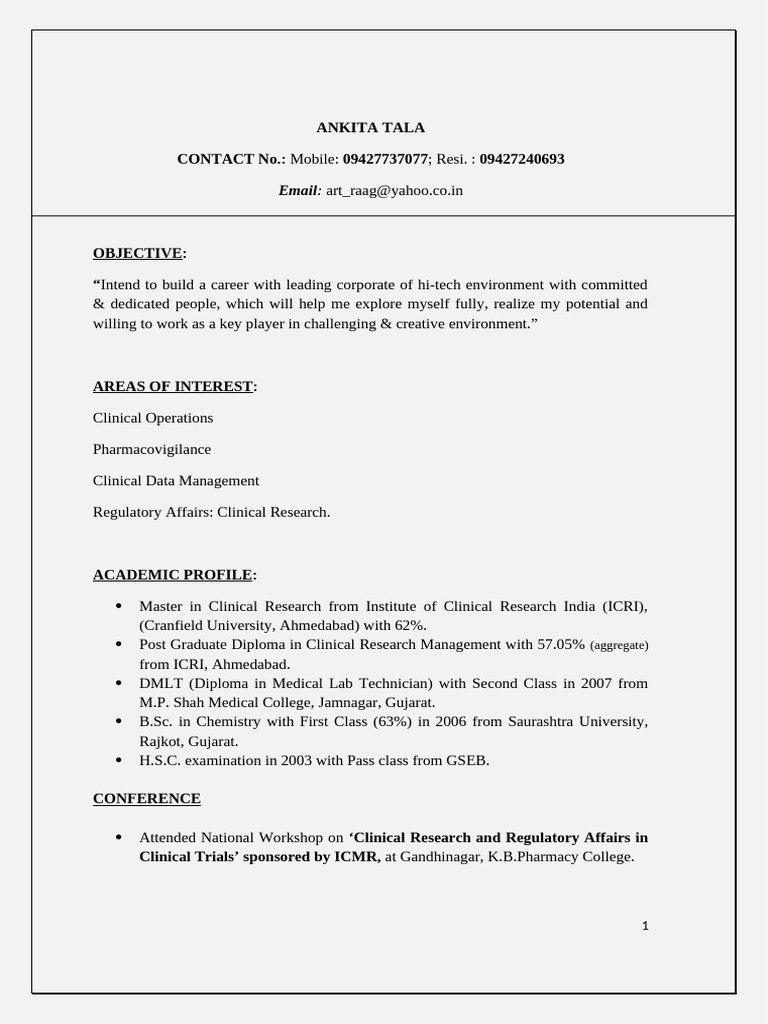 CV_ANKITA_updated | PDF | Clinical Trial | Gujarat
