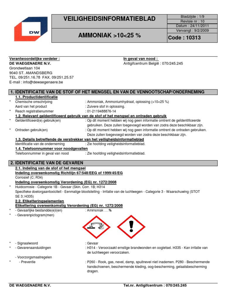 MSDS Ammoniak 10 25 % 10313 24/11/2011 | PDF