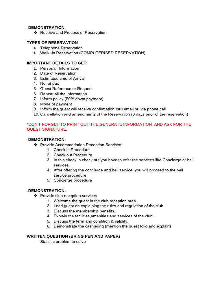 Reservation and Reception Procedures Guide | PDF