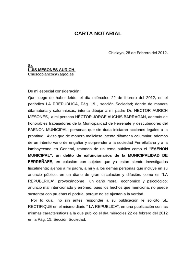 Carta Notarial por Difamación en Ferreñafe | PDF