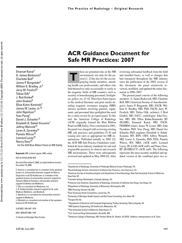ACR Guidance Document for Safe MR Practices | PDF | Radiology | Physician