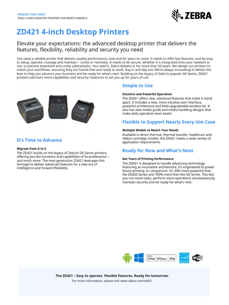 zd421 Series Spec Sheet en Us | PDF | Printer (Computing) | Mobile App