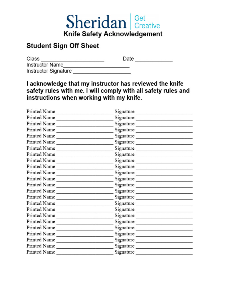 Knife Safety - Student Sign-Off Sheet | PDF