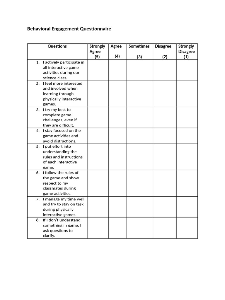 Behavioral Engagement Questionnaire | PDF