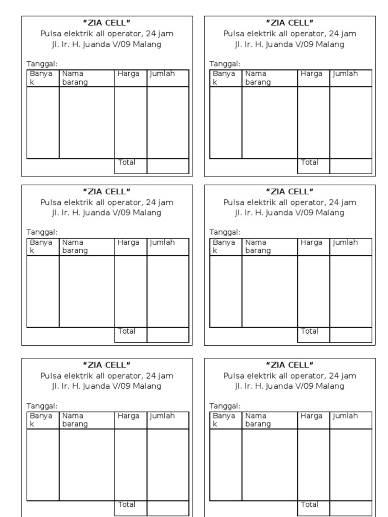 Nota Pulsa Zia Cell | PDF