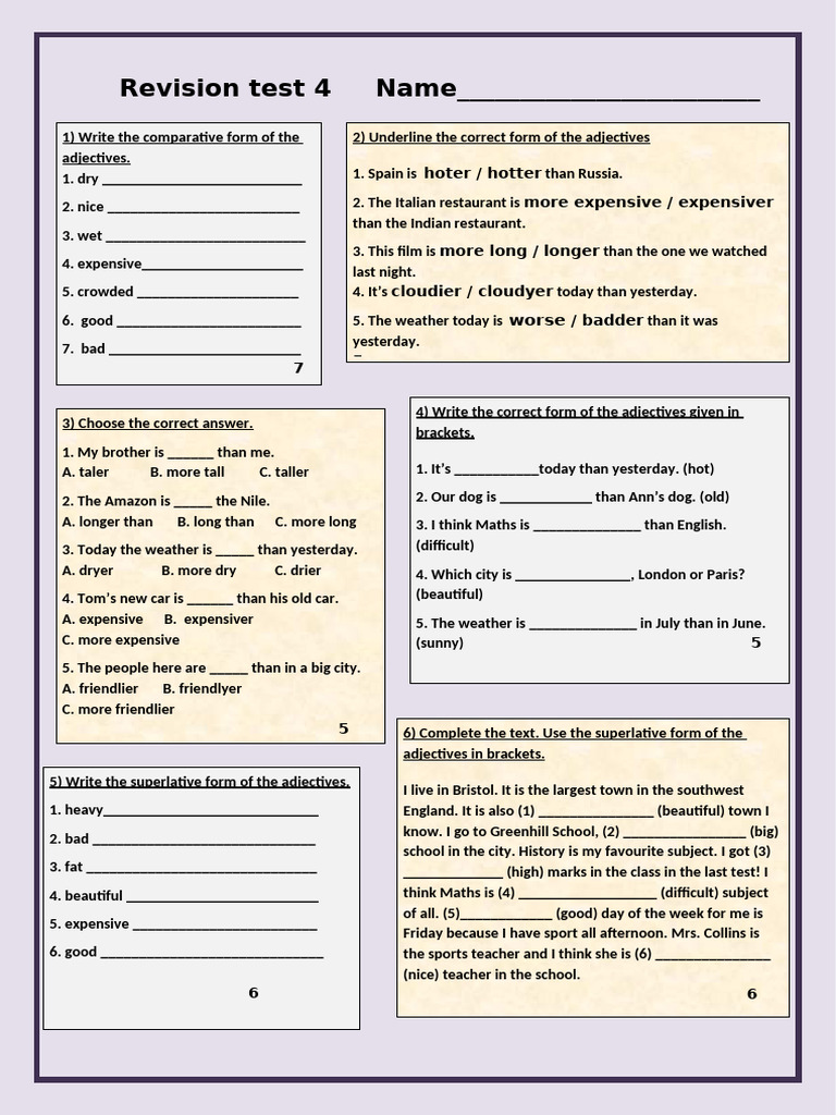 Revisiontestomparative Superlative Adjectivesa Grammar Drills Tests ...