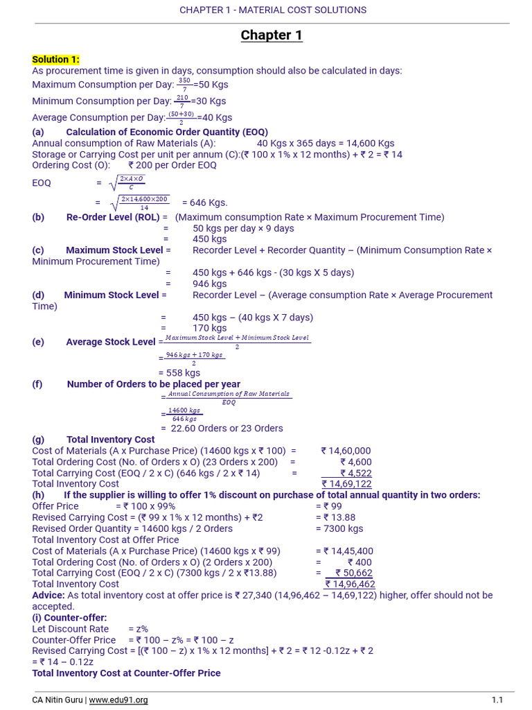 01 Material Costing Typed Solution Set | PDF | Inventory | Management Accounting