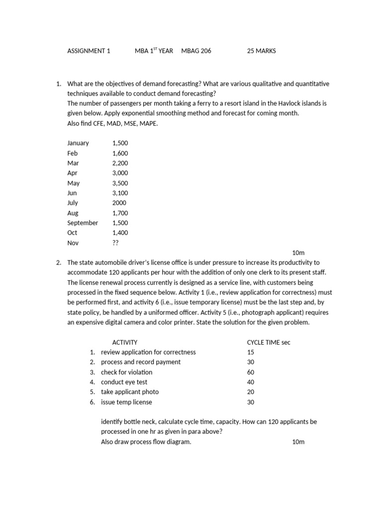 Assignment 1mba 1ST Year Mbag 206 25 Marks | PDF | Forecasting | Statistical Analysis