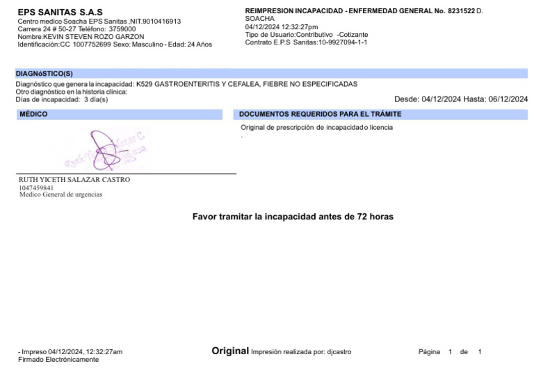 Incapacidad Kevin Rozo | PDF