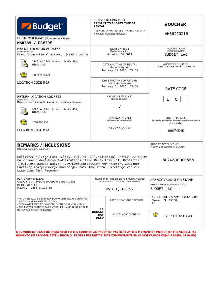 Budget Car Rental Voucher Details | PDF | Fee | Renting