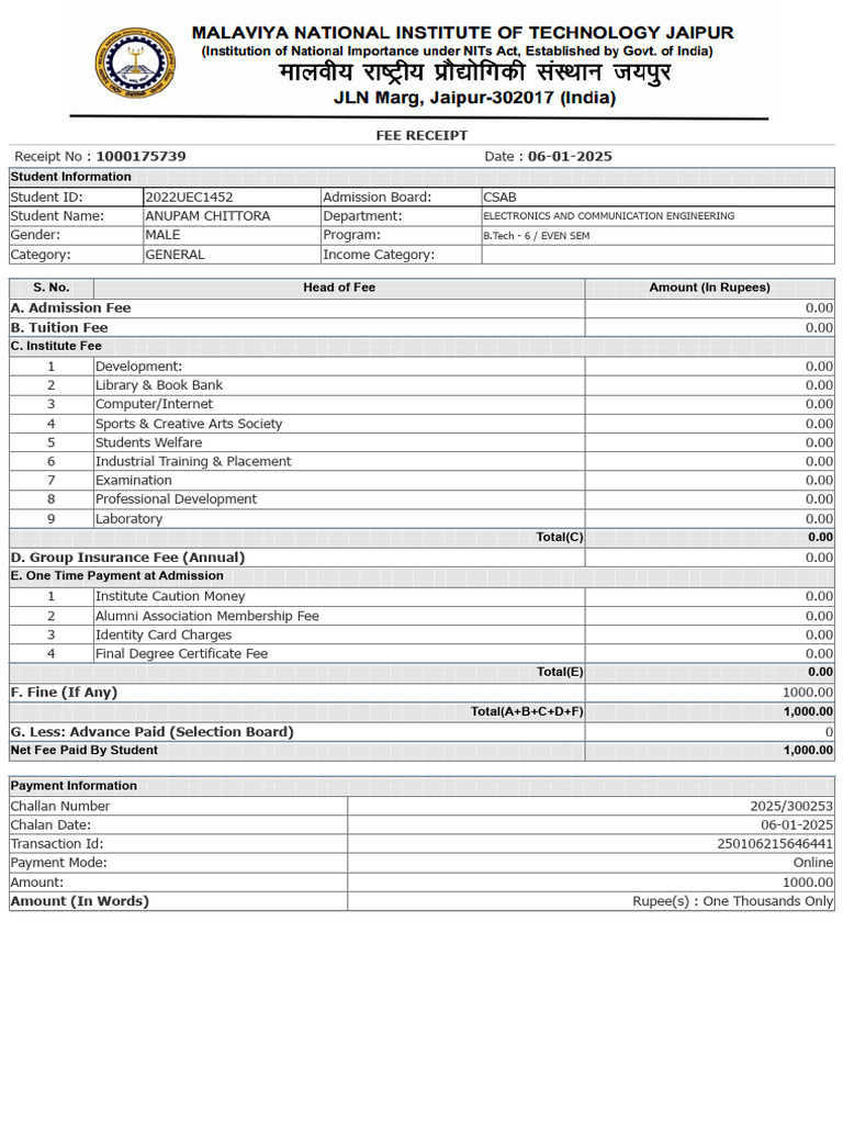 Fee Receipt 1000175739 06-01-2025: Student Information | PDF