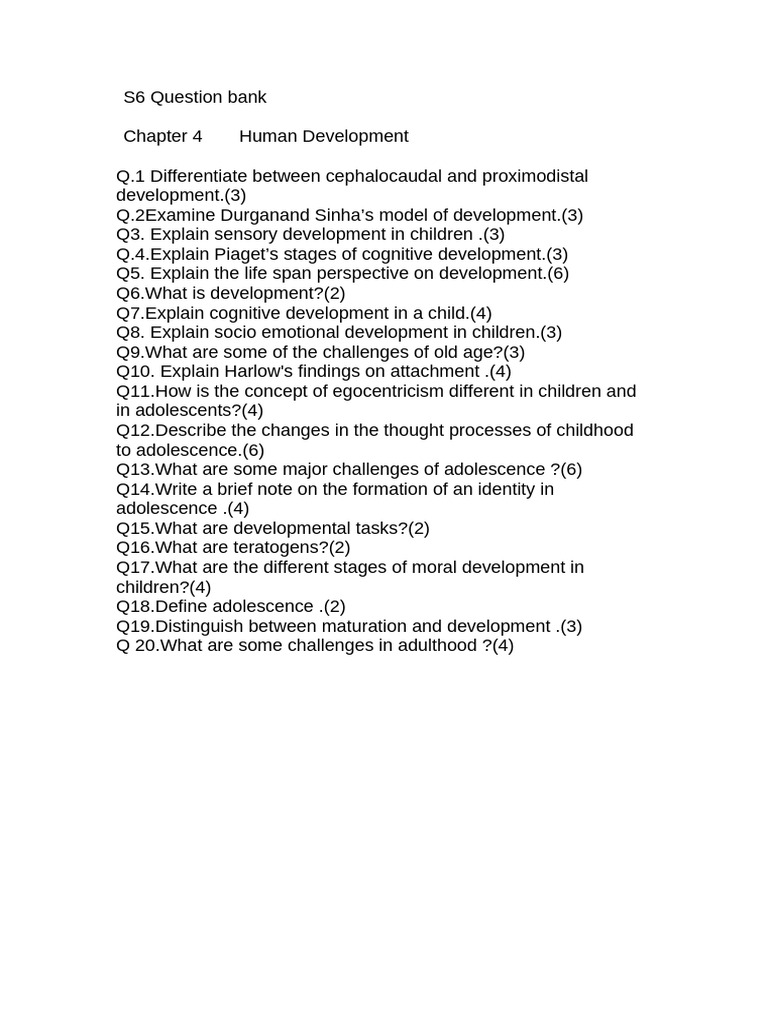 HUMAN DEVELOPMENT S6 Question Bank | PDF