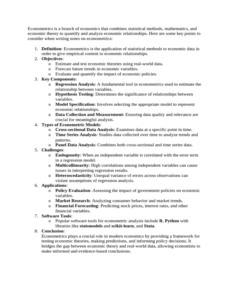 Econometrics Is A Branch Of Economics That Combines Statistical Methods Pdf Econometrics