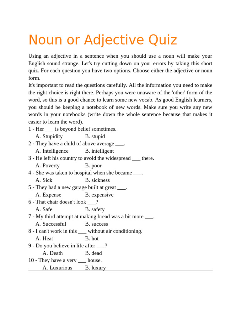 Noun vs. Adjective Quiz for English Learners | PDF
