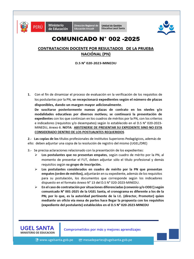 Comunicado 002-2025 Contrato Docente | PDF | Educación primaria | Aprendizaje