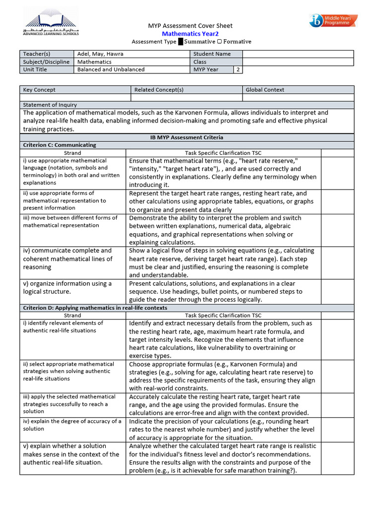 MYP Year 2 Math Assessment Guide | PDF | Mathematics | Heart Rate