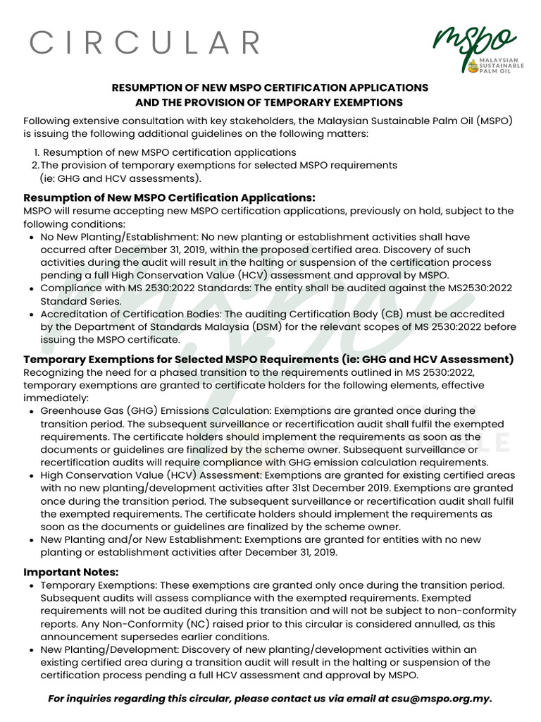 Circular - Resumption of New MSPO Certification Applications and The ...