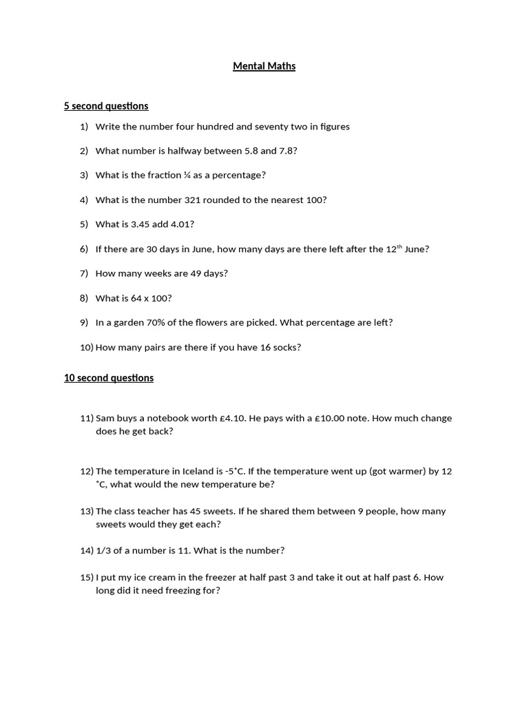 Mental Maths Revision Test 1 2 | PDF