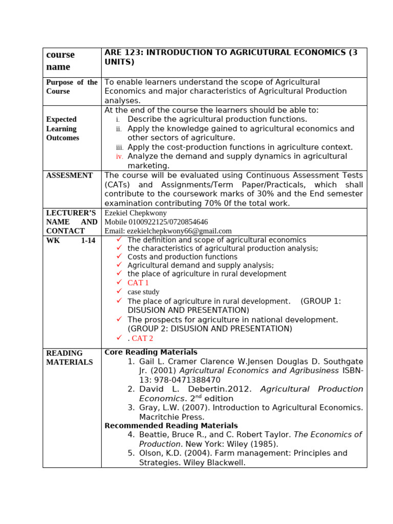 Intro to Agricultural Economics Syllabus | PDF | Economics | Learning