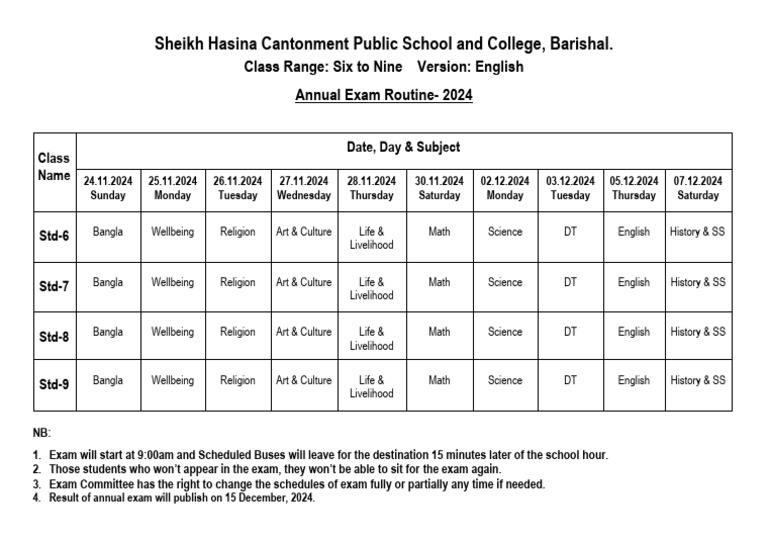 Annual Exam Routine for Classes 6-9 | PDF