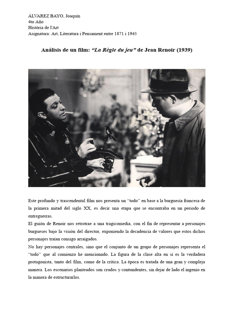 Análisis de Un Film - "La Règle Du Jeu" de Jean Renoir (1939) | PDF ...