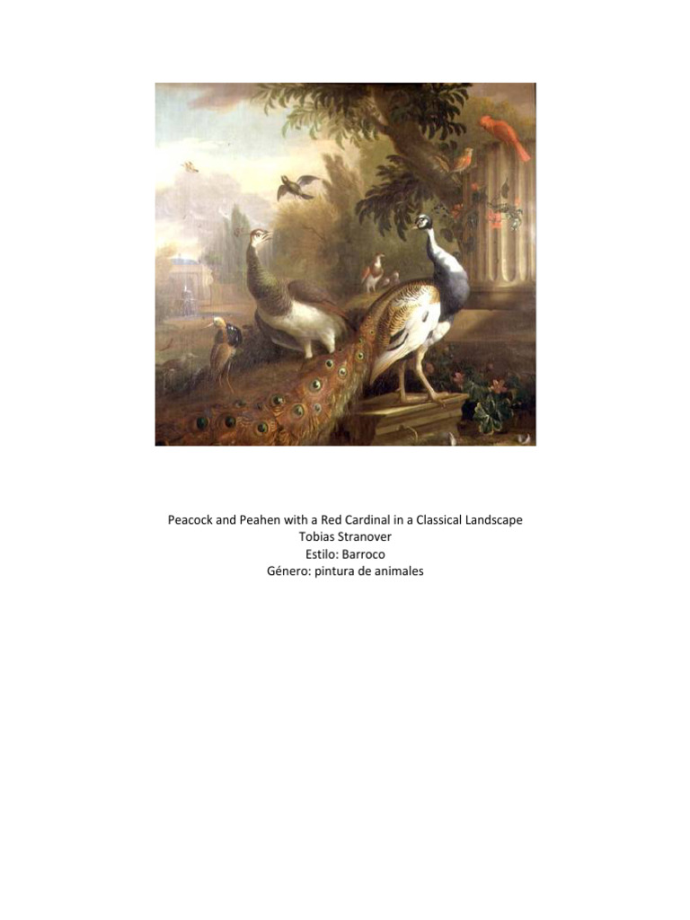 Peacock and Peahen With A Red Cardinal in A Classical Landscape | PDF