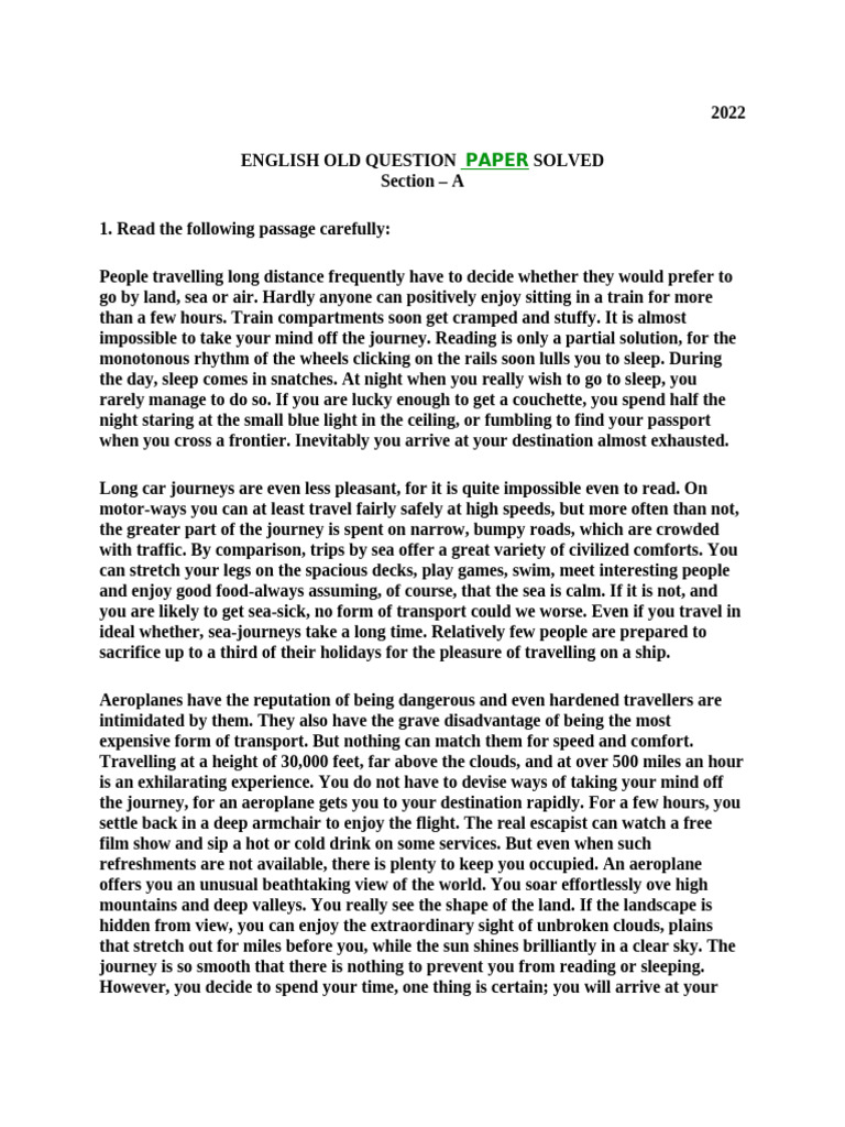 Class 12 English Question Paper 2022 | PDF
