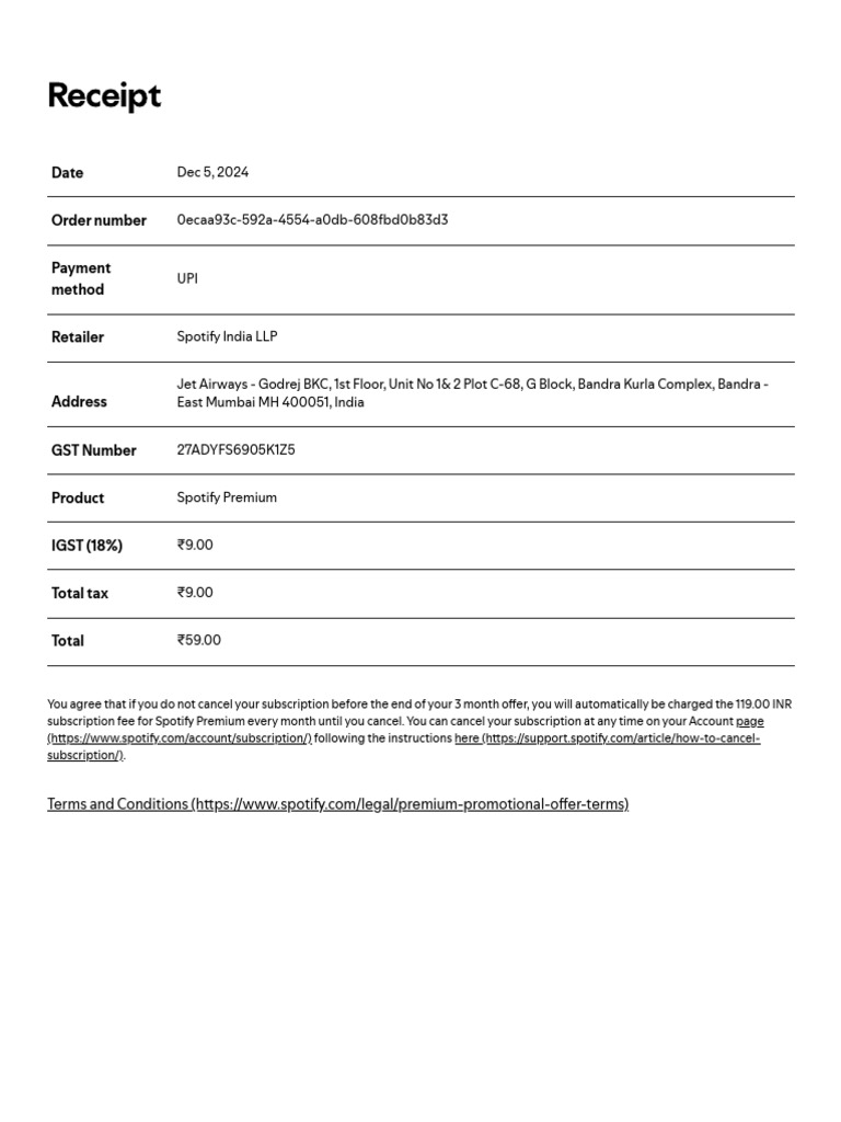Spotify Premium Subscription Receipt | PDF