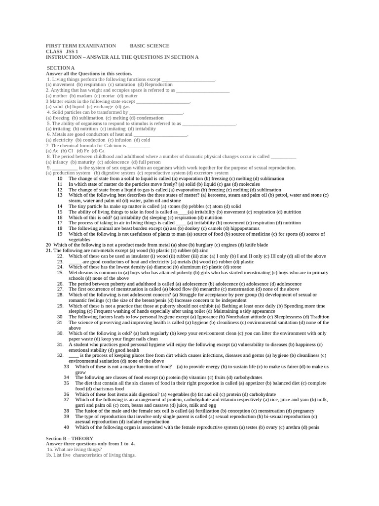 First Term Examination Questions Basic Science JSS1 | PDF | Adolescence | Water