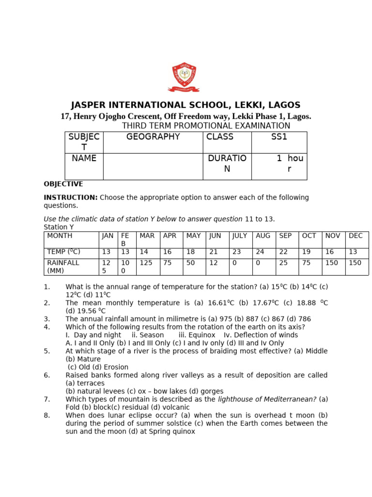Geography Exam Questions for SS1 | PDF | Plateau | Agriculture