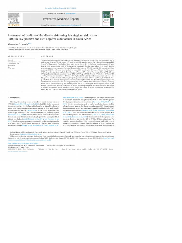 Assessment of Cardiovascular Disease Risks Using Framingham Risk Scores ...