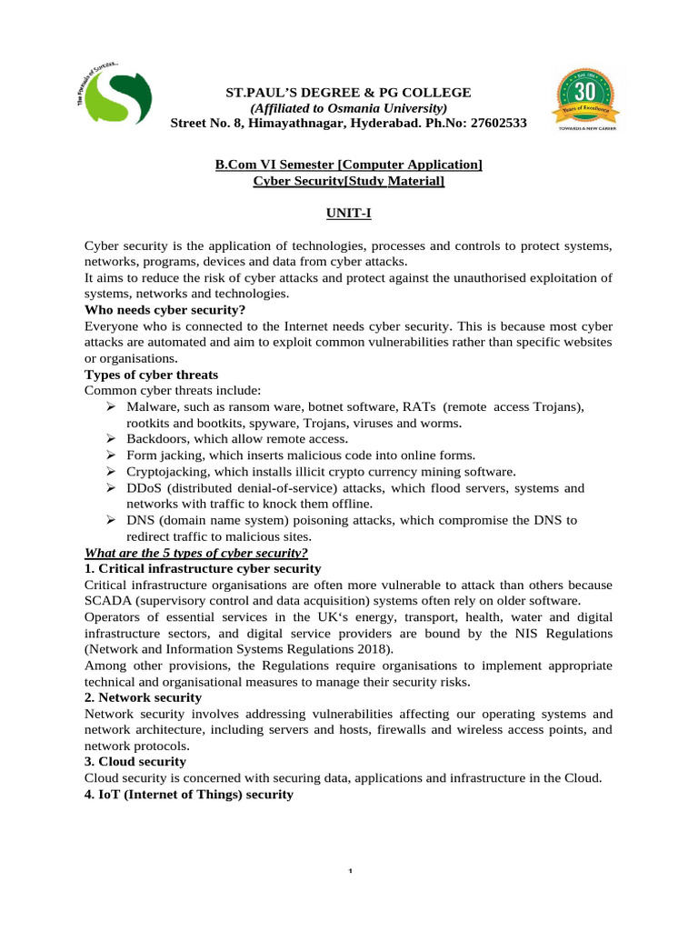 Cyber - Security - Notes Unit-I | PDF | Computer Security | Security