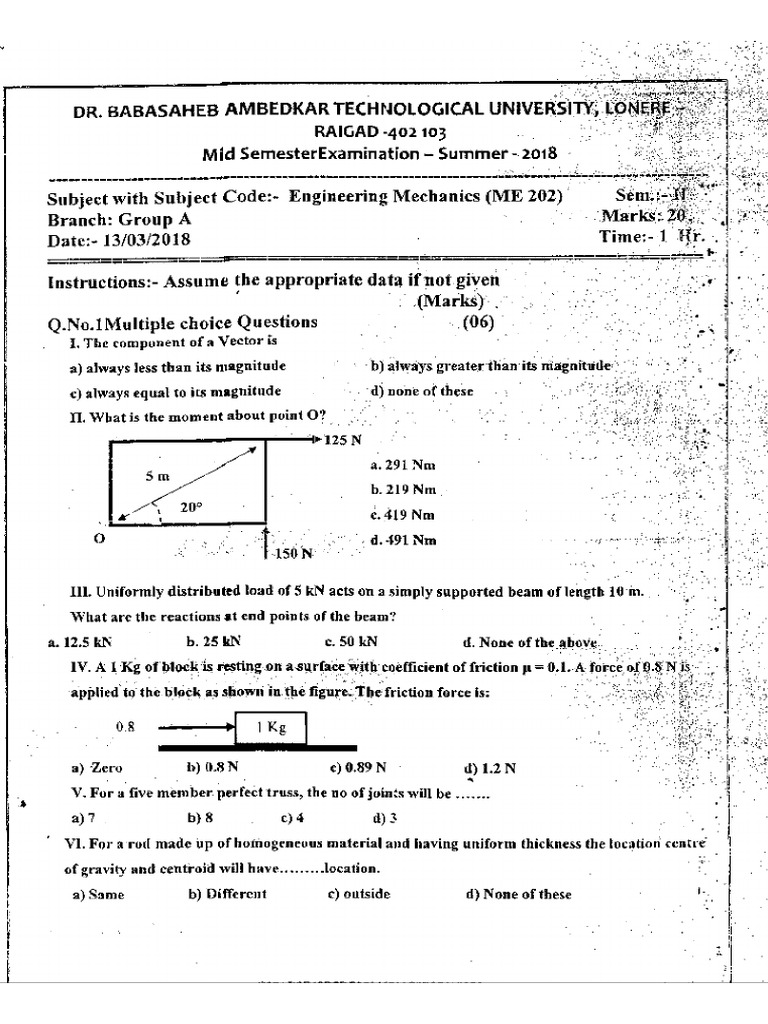Btech 1 Year Engineering Mechanics Apr 2018 | PDF