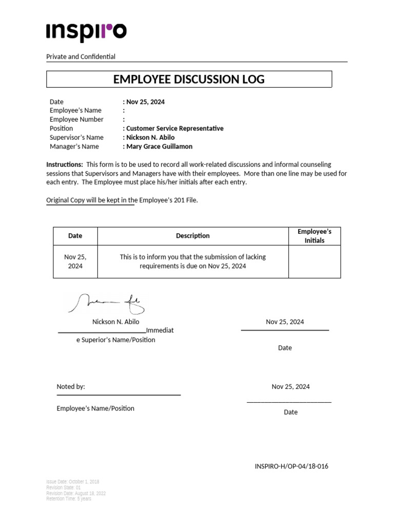 Batch 4 T038_Employee Discussion Log_Lacking Requirements - - Copy | PDF