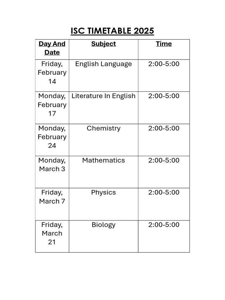 ISC Timetable 2025 | PDF